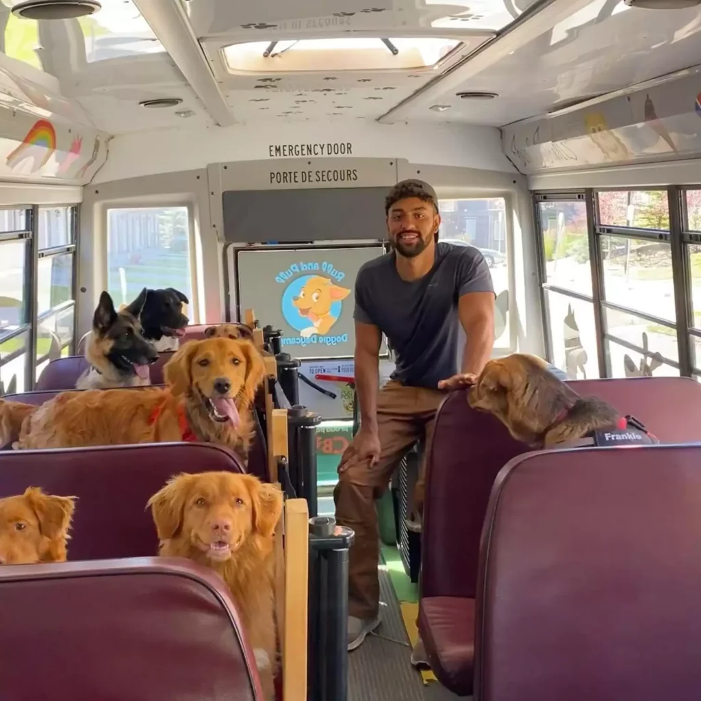 Neighborhood Dogs Get Daily School Bus Ride To Their Walkies In The Park